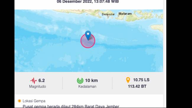 Gempa Magnitudo 6,2 Terjadi di Jember, BMKG Pastikan Tak Berpotensi Tsunami
