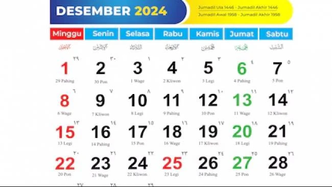Kalender Desember 2024 Lengkap dengan Tanggalan Jawa, Hijriah, Libur ...