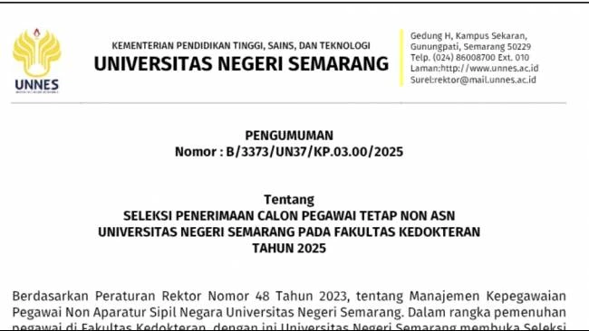 Lowongan Kerja Dosen Tetap Non ASN Unnes 2025, Ada 11 Formasi yang Dibuka