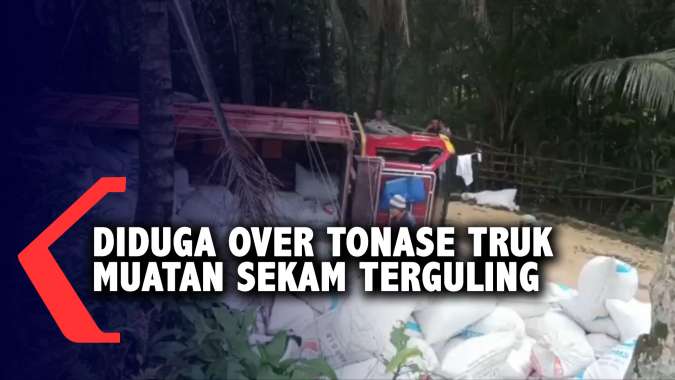 Diduga Over Tonase Truk Muatan Sekam Terguling