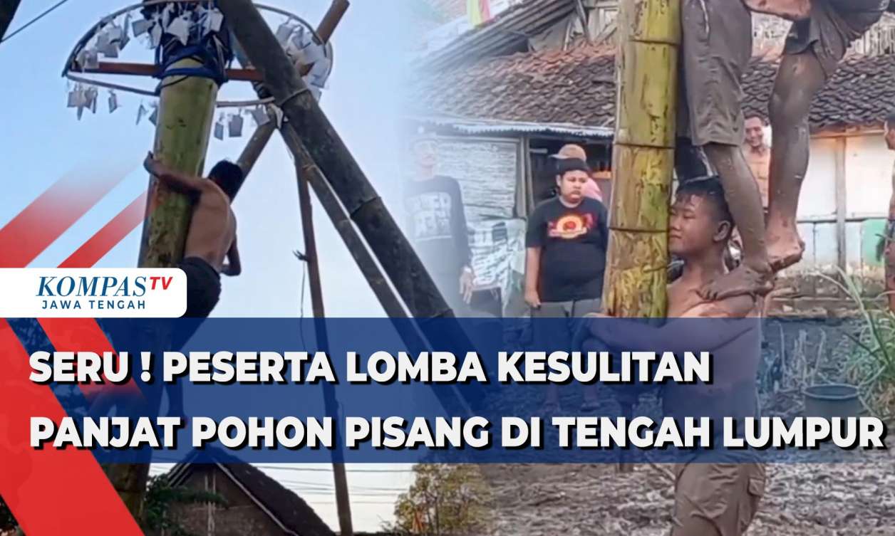 Seru Peserta Lomba Kesulitan Panjat Pohon Pisang Di Tengah Lumpur